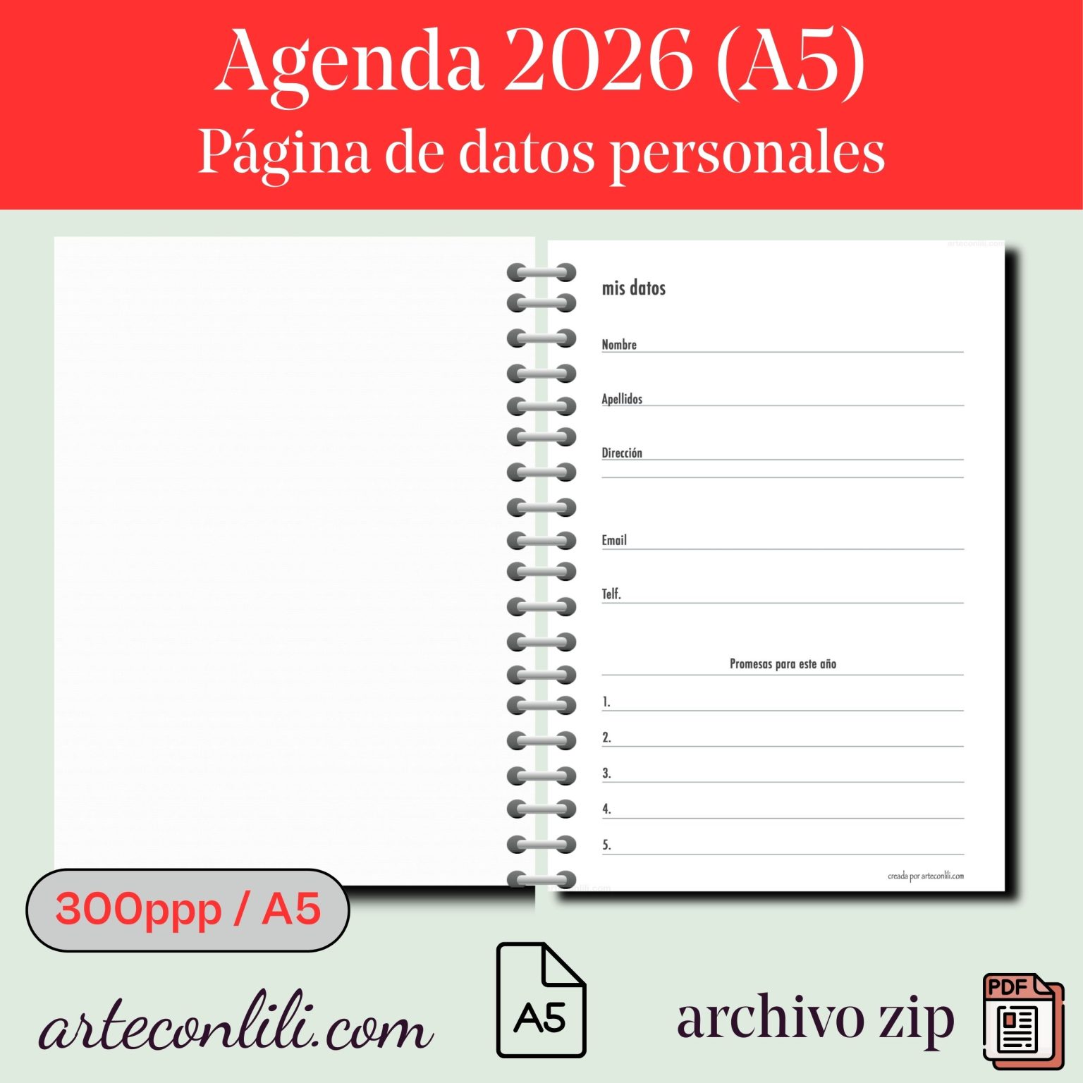 Agenda 2026 A5 Imprimible PDF – Semana Vista + Calendario - Tienda ...
