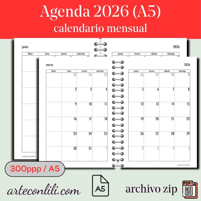 Agenda 2026 A5 Imprimible PDF – Semana Vista + Calendario - Tienda Digital arteconlili