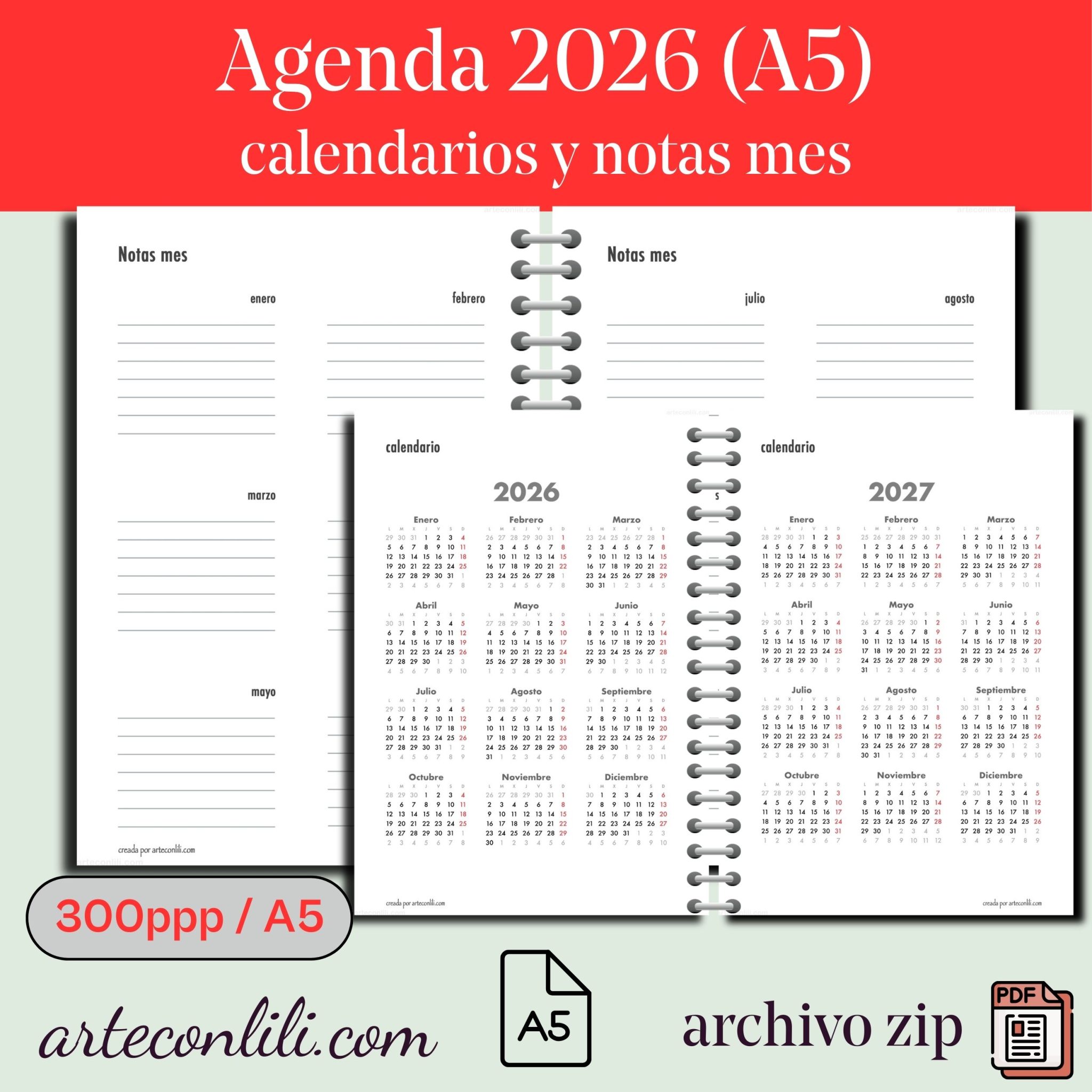 Agenda 2026 A5 Imprimible PDF – Semana Vista + Calendario - Tienda Digital arteconlili