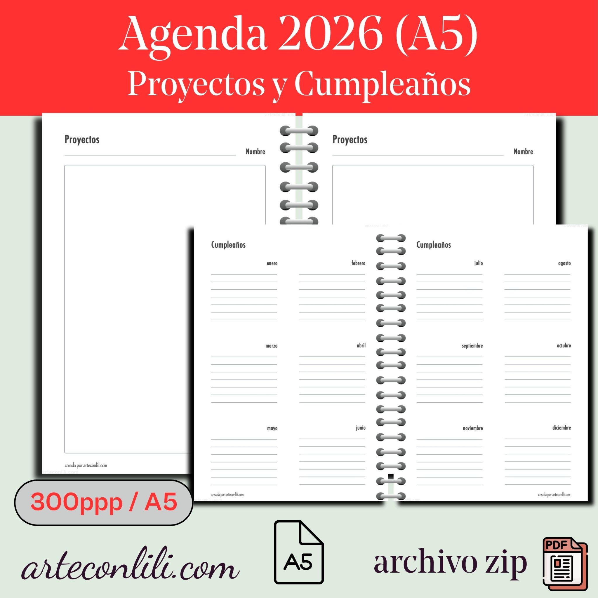 Agenda 2026 A5 Imprimible PDF – Semana Vista + Calendario - Tienda ...
