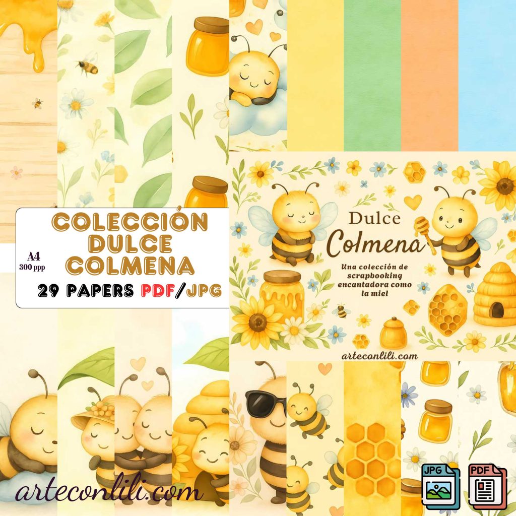 Colección Scrapbooking Dulce Colmena – 29 Papeles y Diecuts Imprimibles ...